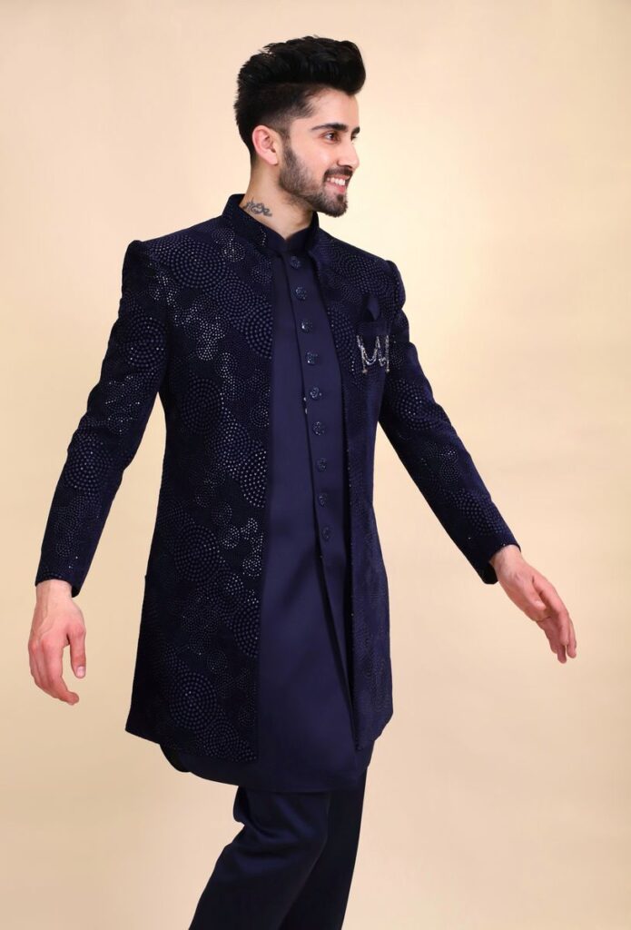 The Embroidered Sequins Work Dark Navy Blue Color Indo Western ...